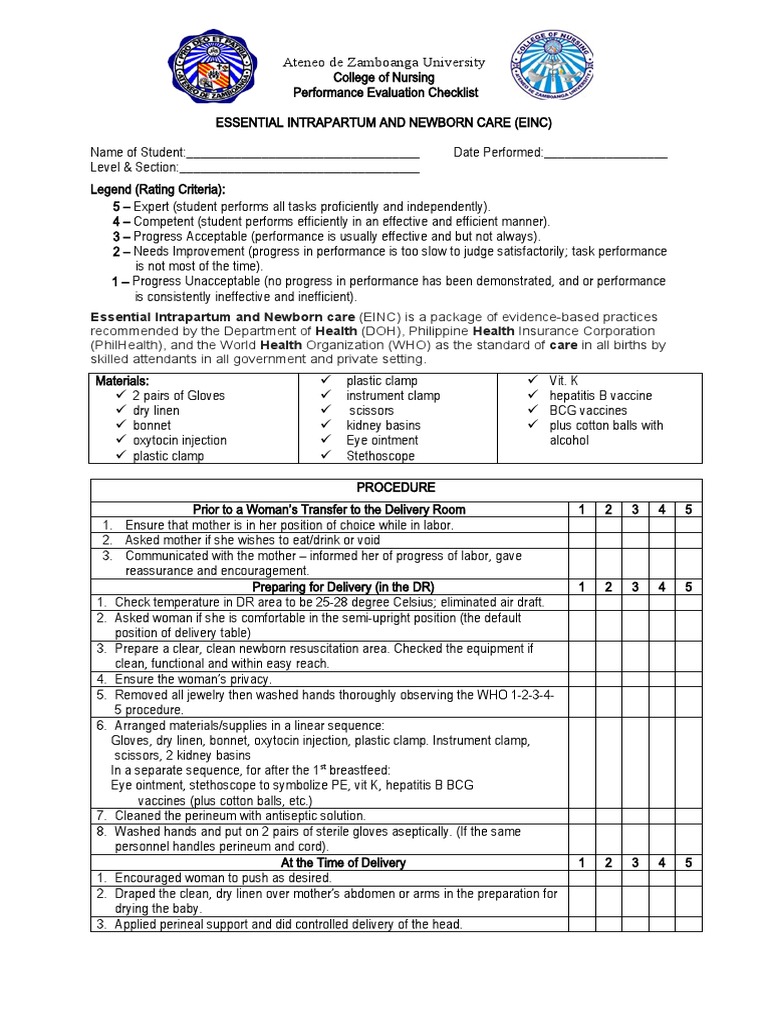 EINC Essential Intrapartim NC Checklist | PDF | Infants | Breastfeeding