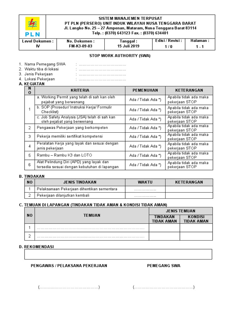 FM-K3-09-03 Formulir Stop Work Authority (Swa) | PDF