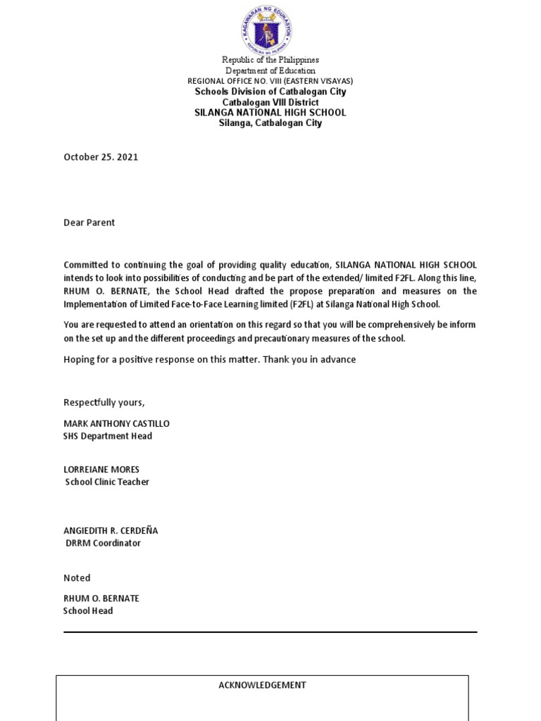 Shs Request Letter Parent Orientation For f2f Classes | PDF | Wellness
