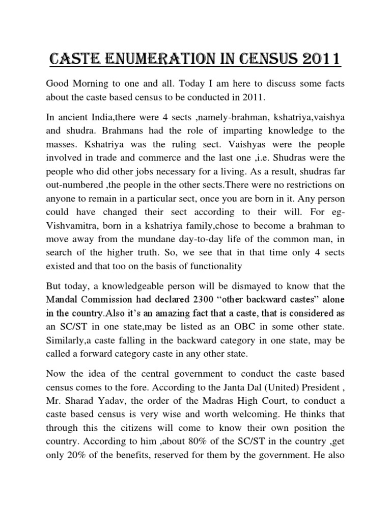 Caste Enumeration in Census 2011 | PDF | Government | Politics (General)