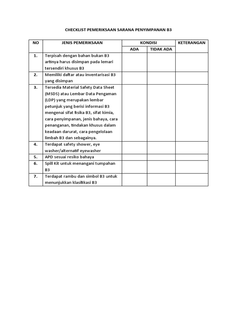 Ceklist Pemeriksaan Limbah B3 | PDF