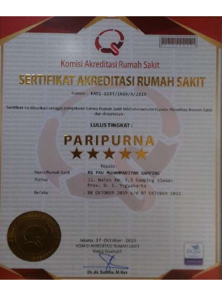 S1.P1-Sertifikat Akreditasi SNARS Edisi 1 RS PKU Muhammadiyah Gamping | PDF