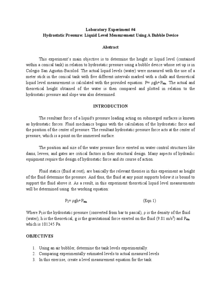 Che Lab 1 Experiment 4 Hydrostatic Pressure | PDF | Pressure | Quantity