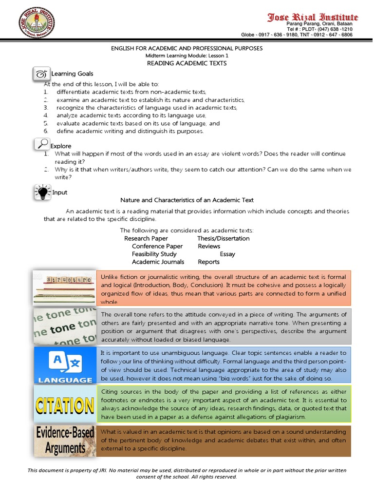 EAPP Learning Module 1 READING ACADEMIC TEXTS | PDF | Vocabulary | Fluency