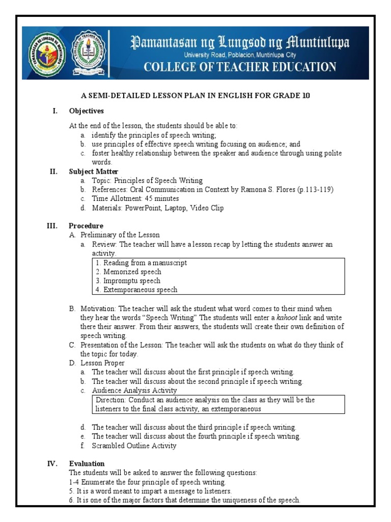 Grade 10 Speech Writing Lesson Plan | PDF