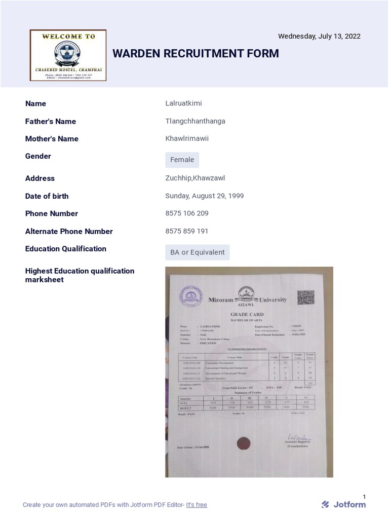 Warden Recruitment Form | PDF