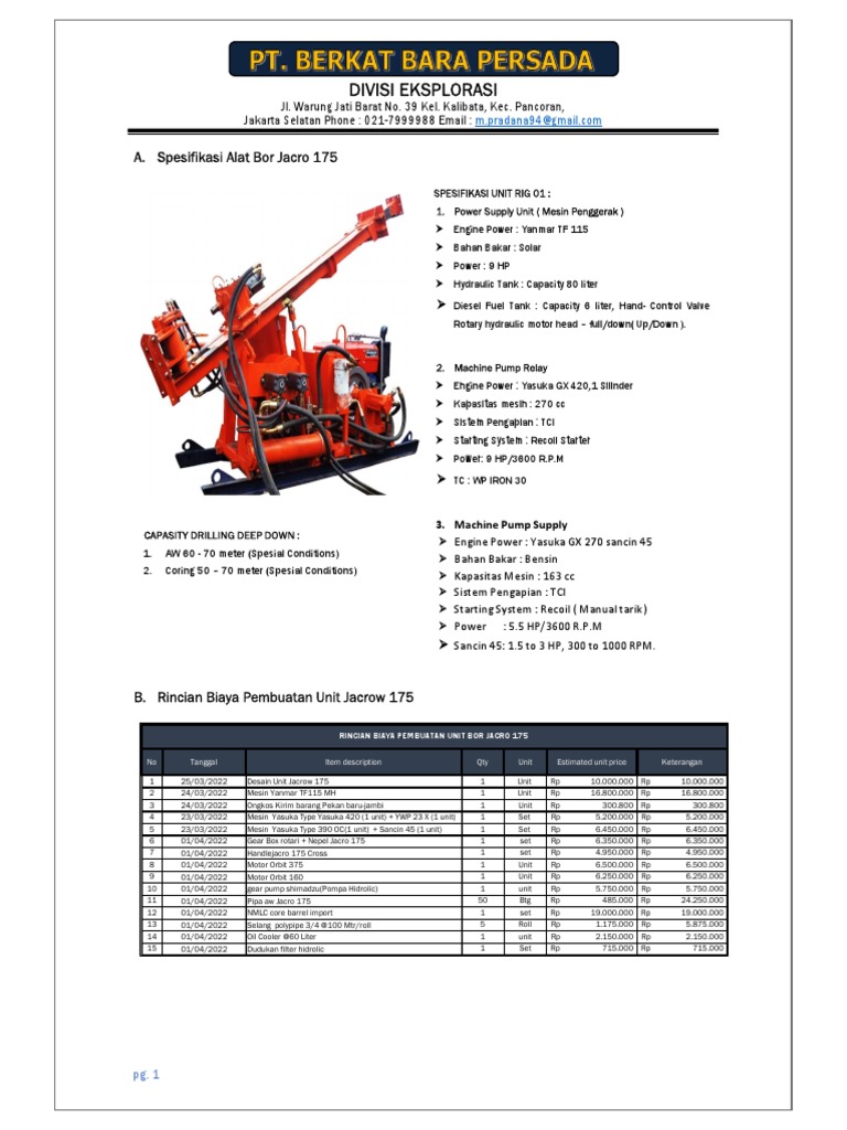 Specifications and Cost Breakdown for the Construction of a Jacro 175 Drilling Rig | PDF ...