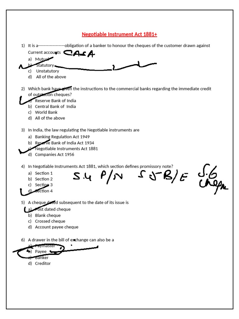 ni act mcq | PDF | Negotiable Instrument | Cheque