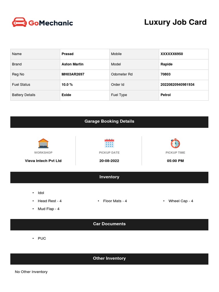Aston Martin Service Job Card Template | PDF | Vehicles | Car