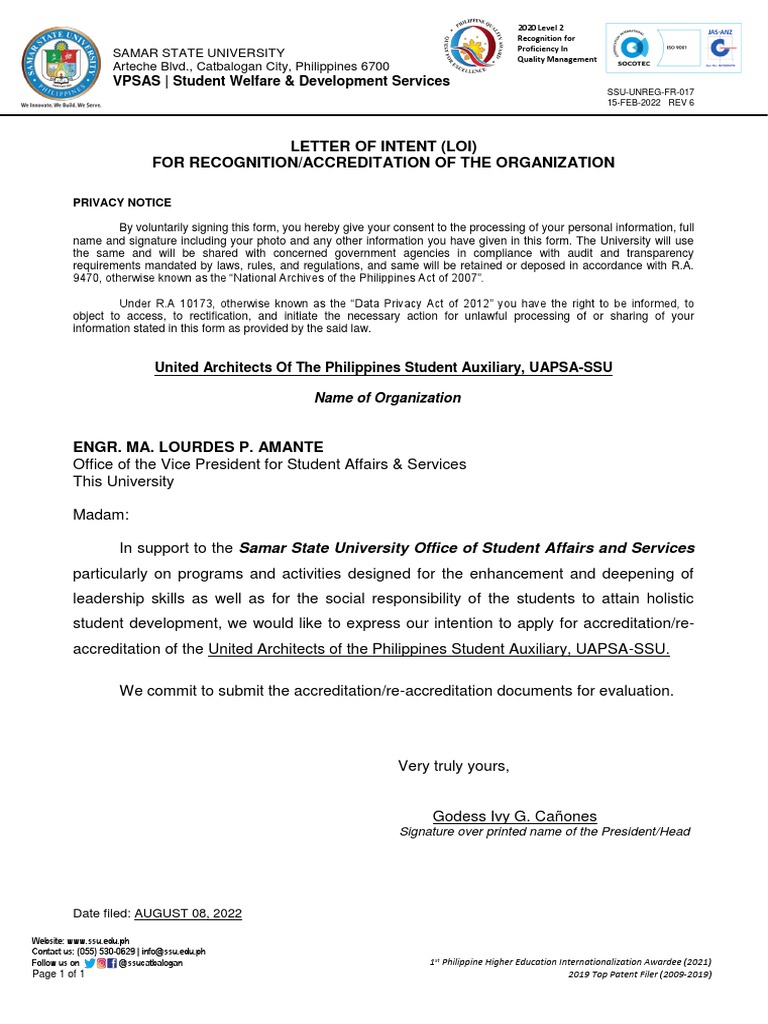 SSU VPSAS FR 001 Letter of Intent LOI | PDF | Business
