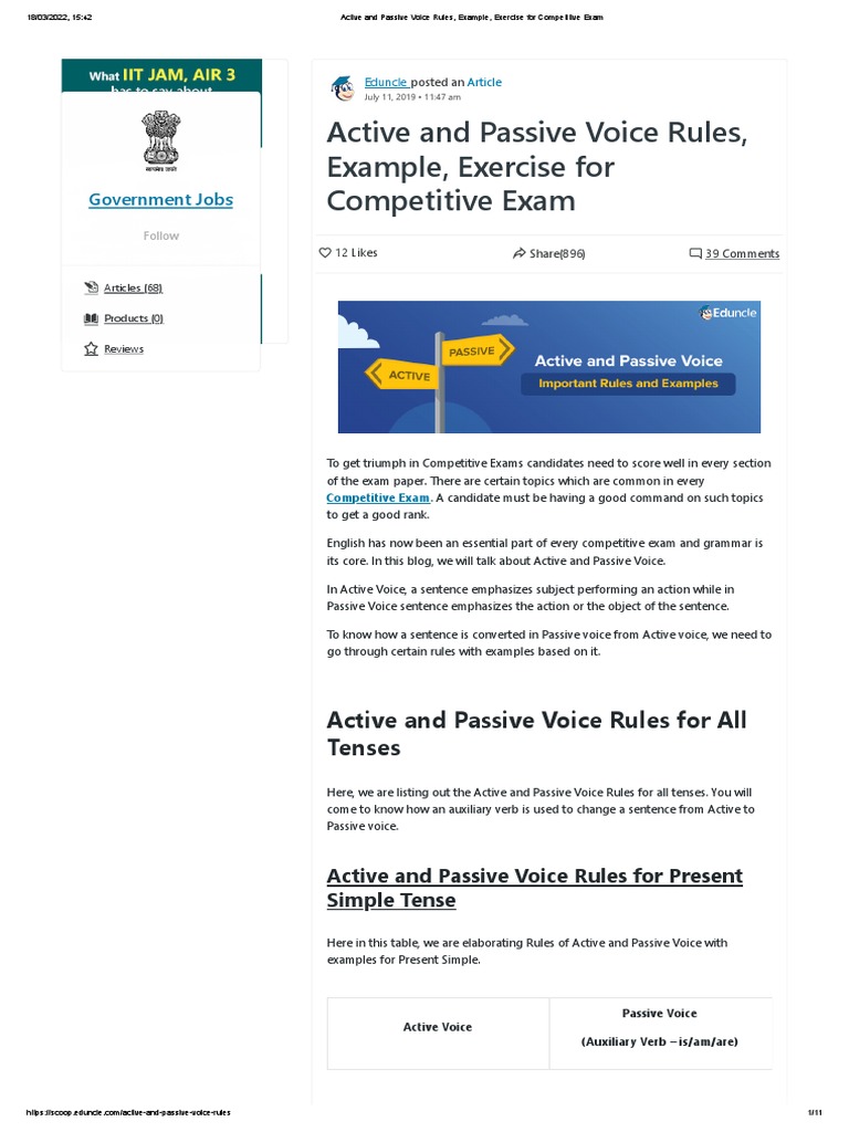 Active and Passive Voice Rules, Example, Exercise For Competitive Exam ...