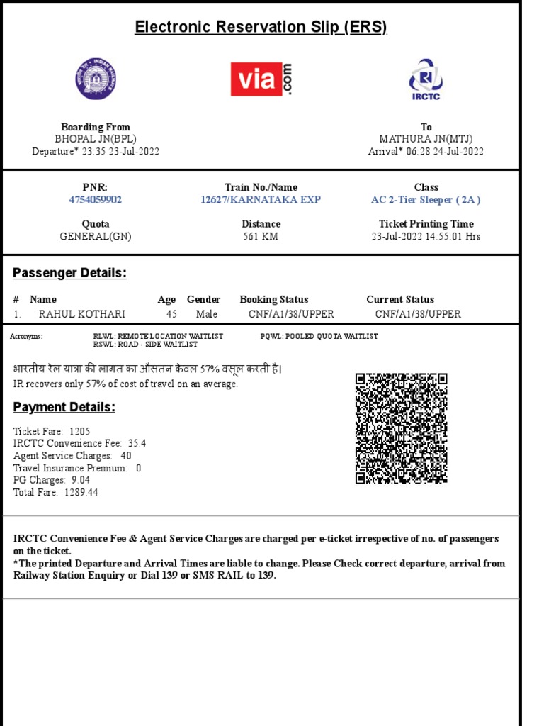 Electronic Reservation Slip (ERS) : Passenger Details | PDF | Identity ...