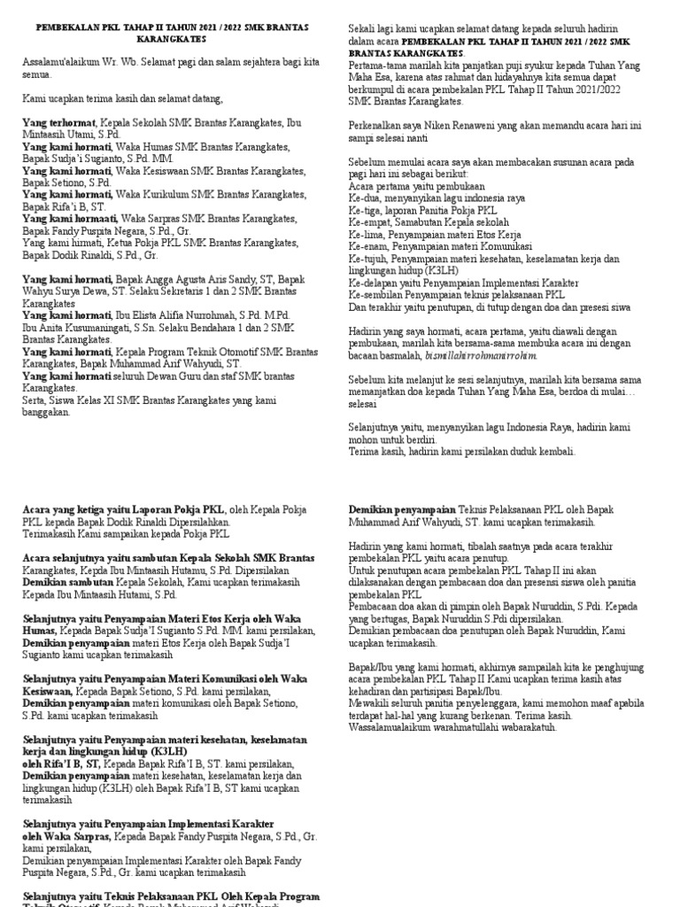 MC PEMBEKALAN PKL TAHAP II TAHUN 2021 | PDF