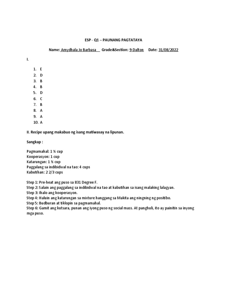 G9 ESP Q1 Paunang Pagtataya | PDF