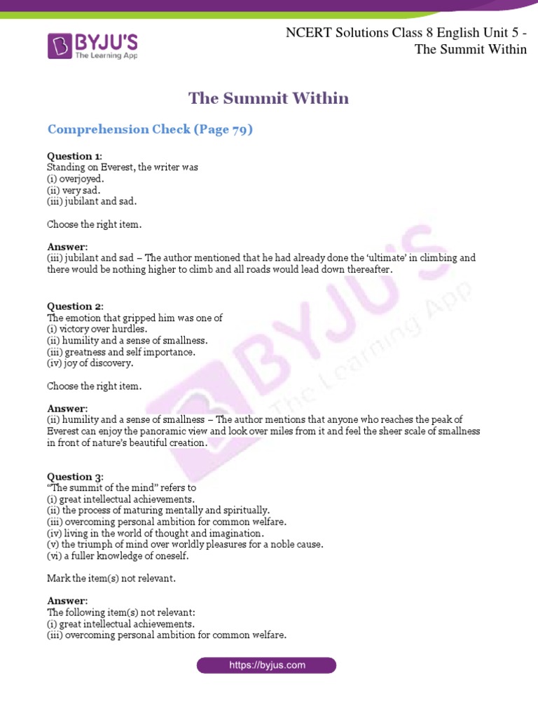 NCERT Solutions Class 8 English Unit 5 The Summit Within | PDF | Mount ...