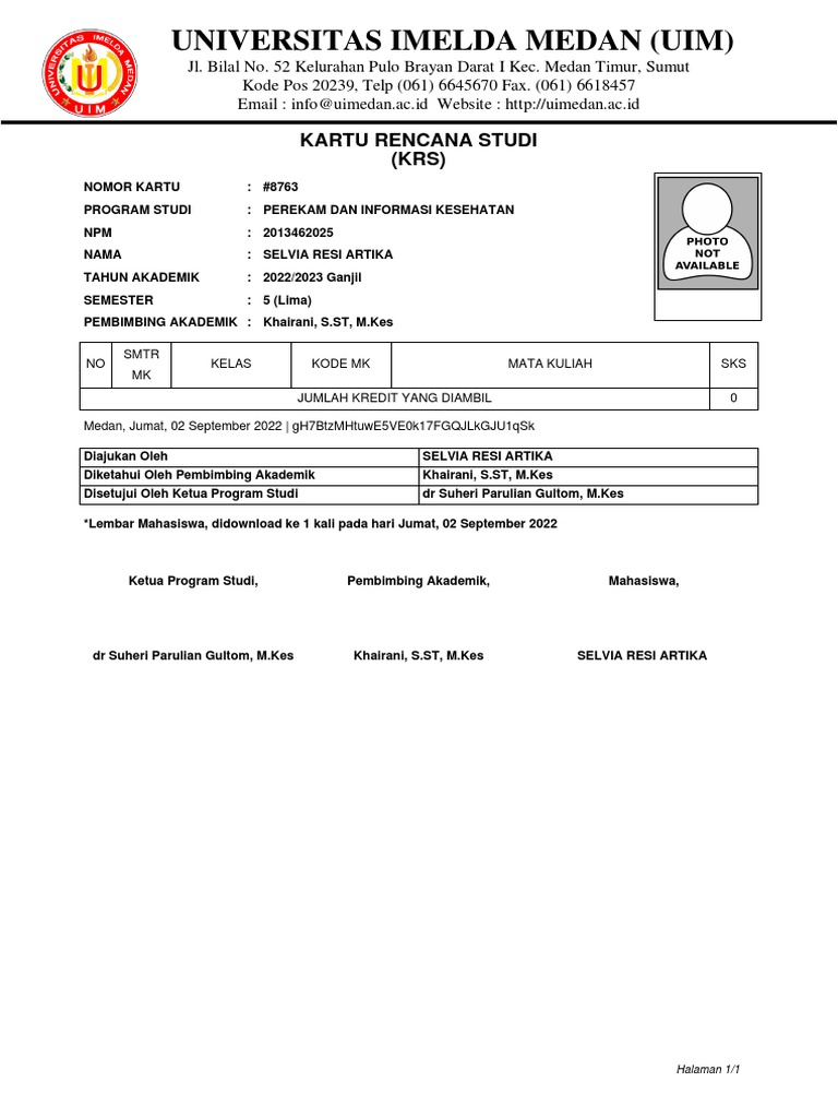 Universitas Imelda Medan (Uim) : Kartu Rencana Studi (KRS) | PDF