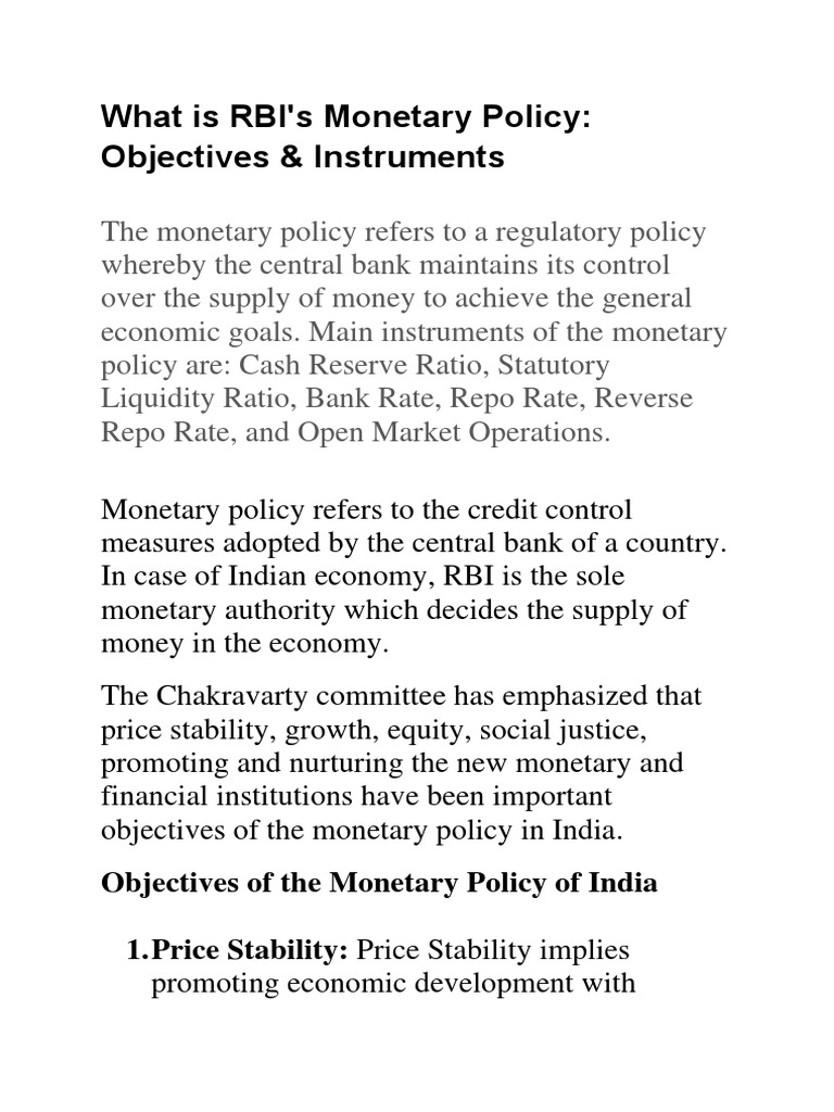 Monetary Policy Notes | PDF | Reserve Bank Of India | Open Market Operation