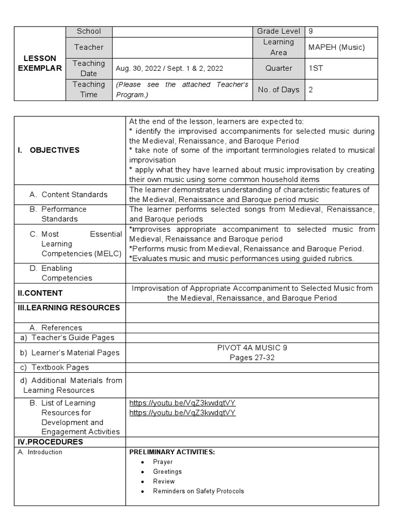 MUSIC-Lesson Exemplar-WK-2 | PDF | Performing Arts | Musical Compositions