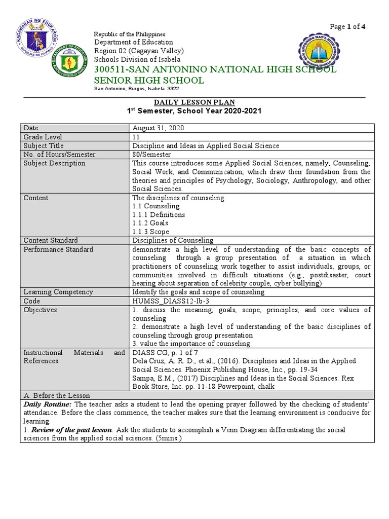 HUMSS - DIASS 12-Ib-3 Aug. 31 | PDF | Psychotherapy | Social Sciences