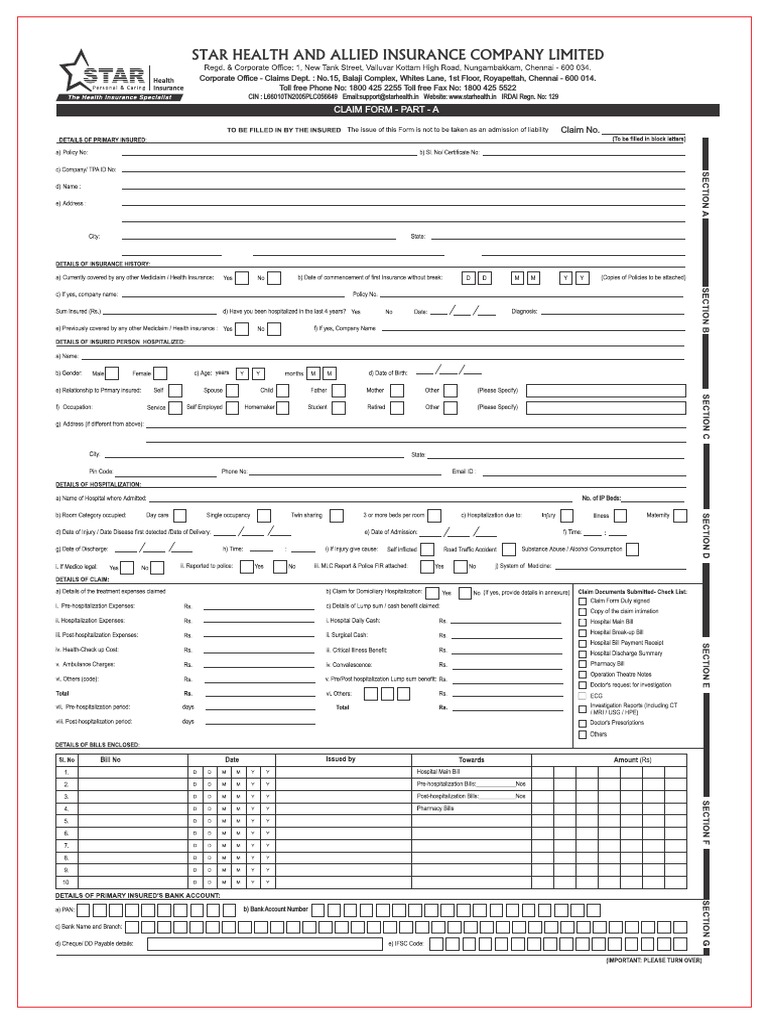 Star Health Claim Form Instructions | PDF