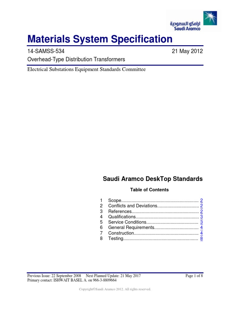 14-SAMSS-534 Oh Transformer | PDF | Transformer | Electric Power ...