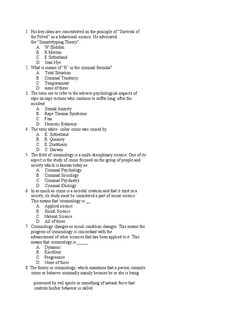 Criminology and Criminal Justice Multiple Choice Questions: An ...