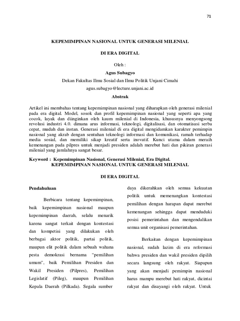 Kepemimpinan Nasional Untuk Generasi Milenial Di Era Digital Pdf