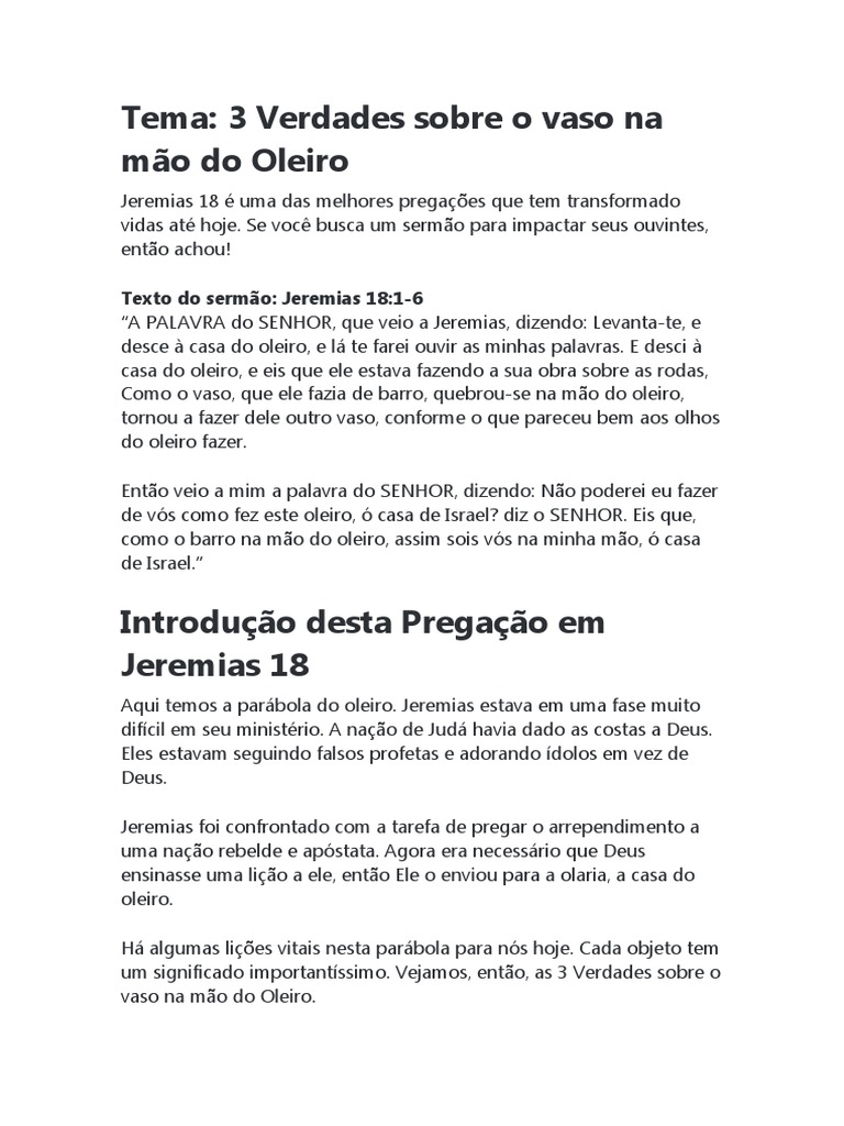 3 Verdades Sobre O Vaso Na Mão Do Oleiro Pdf Jeremias Cerâmica