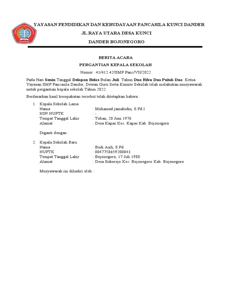 Berita Acara Pergantian Kepala Sekolah | PDF