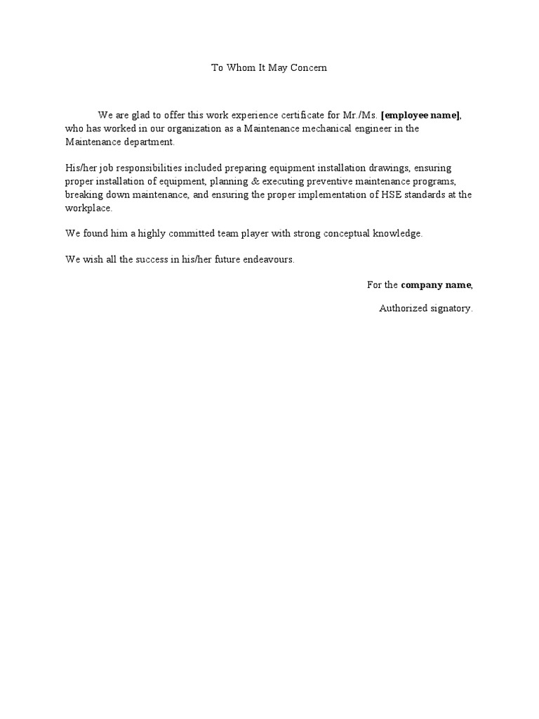 Maintenance Engineer Experience Certificate | PDF