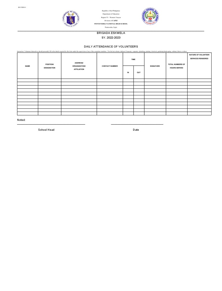 Brigada Eskwela Form 4 Daily Attendance of Volunteer | PDF