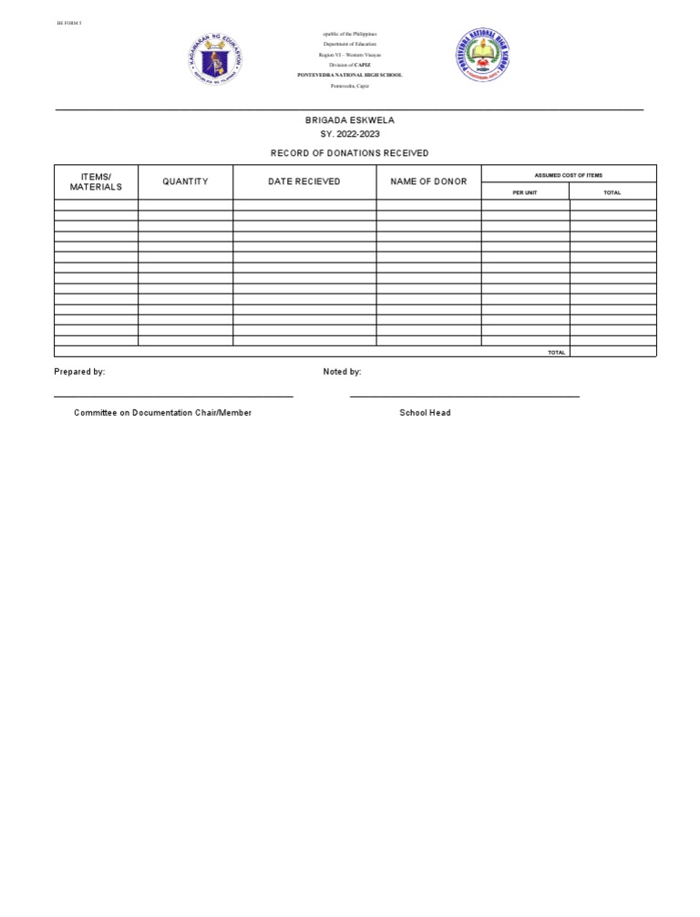 Brigada Eskwela Form 5 Records of Donations Received | PDF