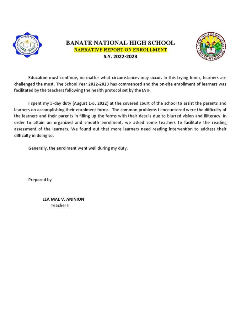 Narrative Report Enrolment 2022 | PDF