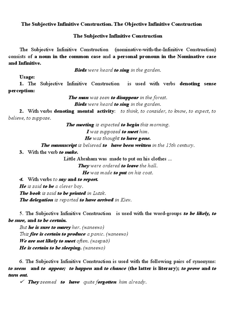 20.the Subjective Infinitive Construction. The Objective Infinitive ...