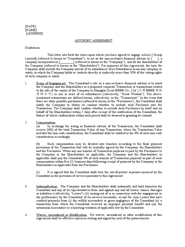 Advisory Agreement | PDF | Indemnity | Private Law