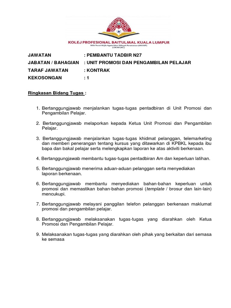 Kekosongan Jawatan Pembantu Tadbir n17 Dan n27 | PDF