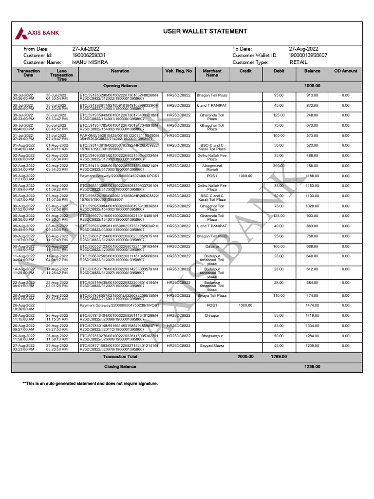 FASTag Wallet Statement | PDF | Credit Card | Economies
