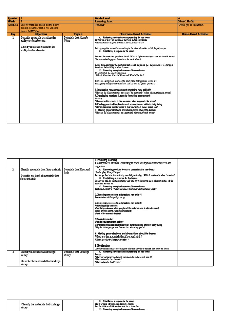 WLP 1st Week Science | PDF | Learning | Water