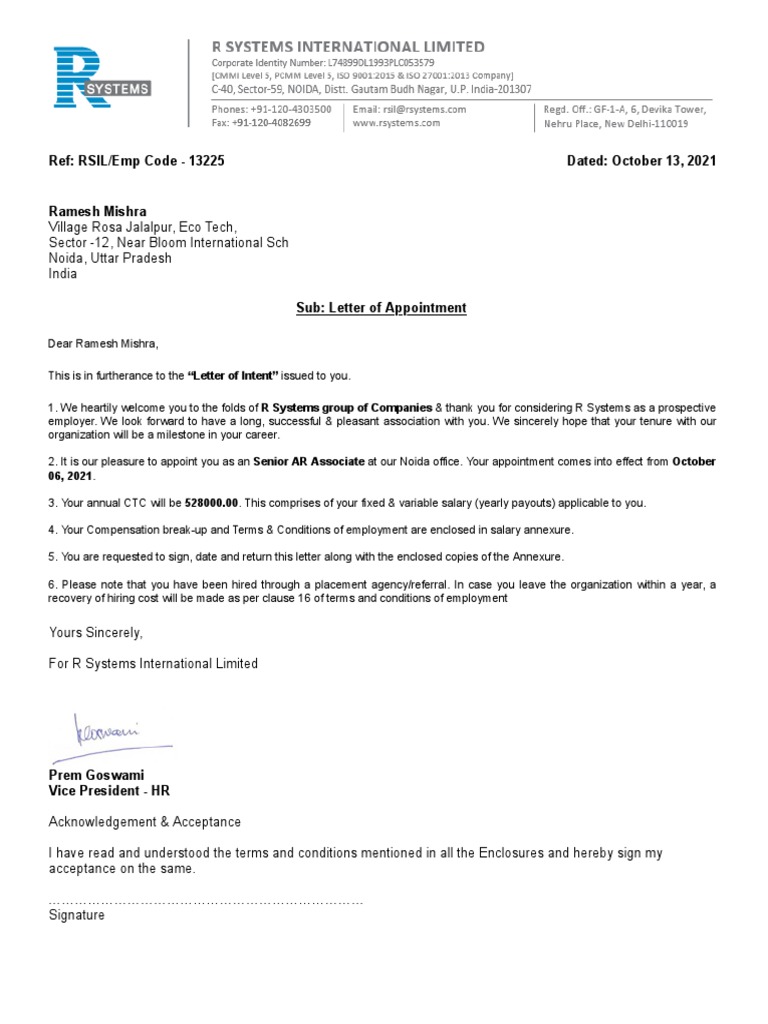 Appointment Letter for Ramesh Mishra | PDF | Employment | Patent