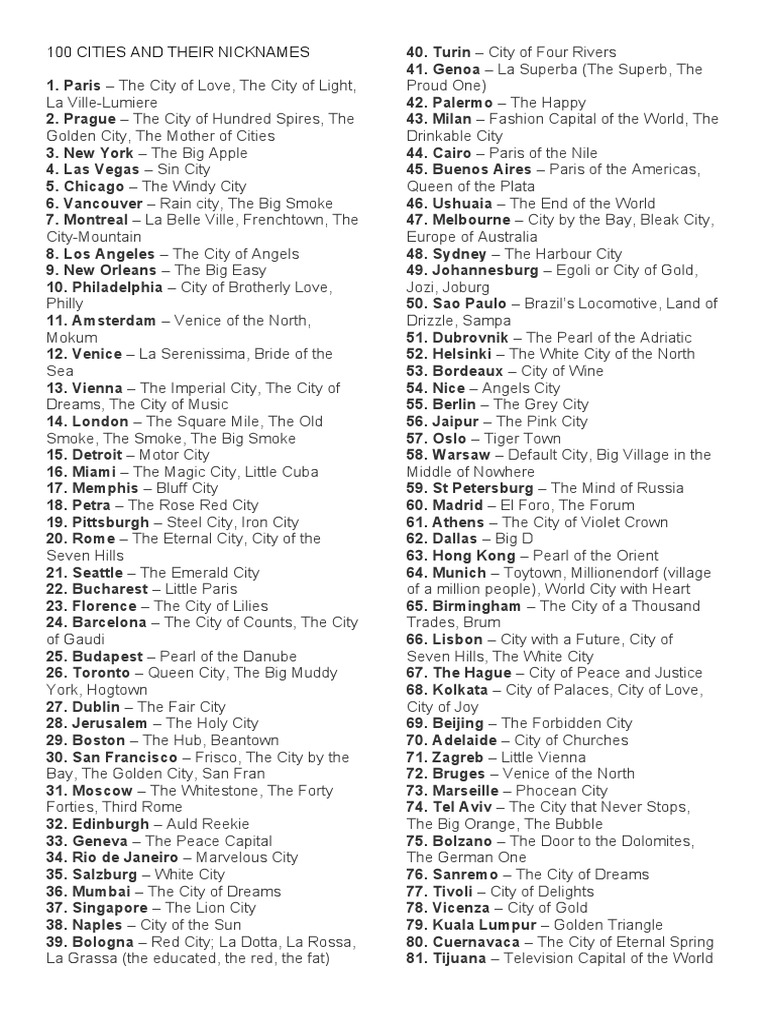100 Cities and Their Nicknames | PDF | Social Science | Travel