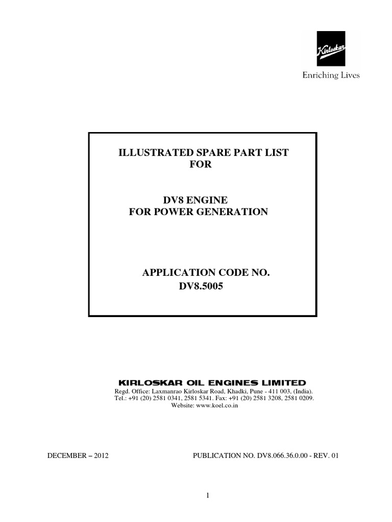 Dv8.5005 Ispl Book For Dv8 Engine For Power Generation | PDF | Screw | Internal Combustion Engine