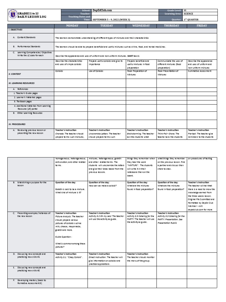 DLL - Science 6 - Q1 - W3 | PDF | Teachers | Mixture