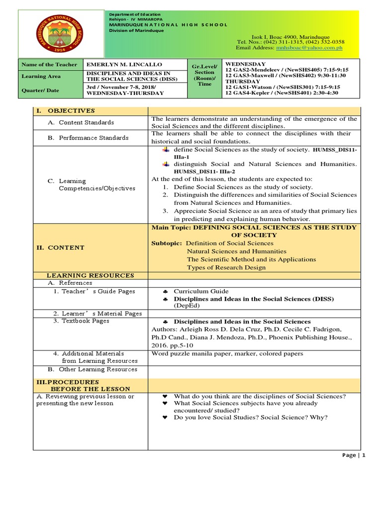 Lesson Plan in Diss Defining Social Scie | PDF | Science | Social Sciences