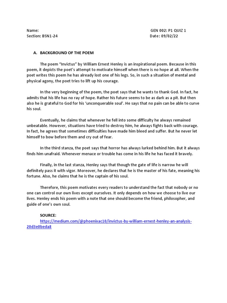 Gen 002 Poem Invictus | PDF