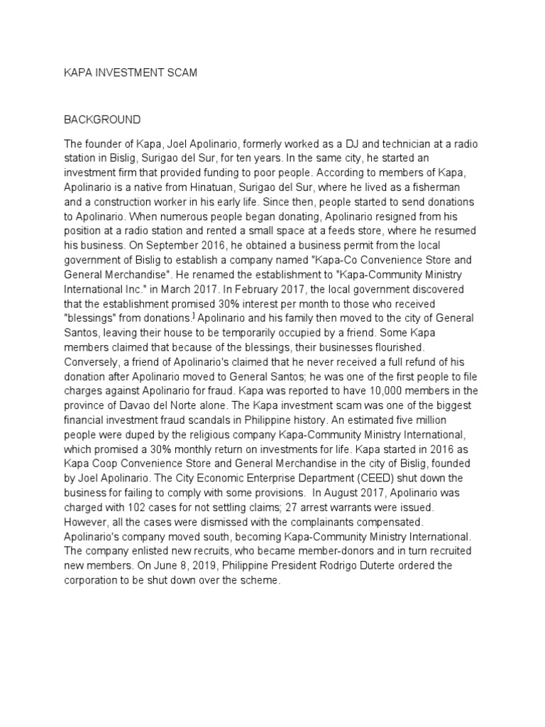 Kapa Investment Scam | PDF | Rodrigo Duterte | Confidence Tricks