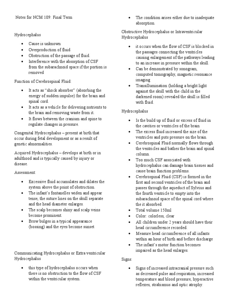 Notes for NCM 109 | PDF | Cerebrospinal Fluid | Burn