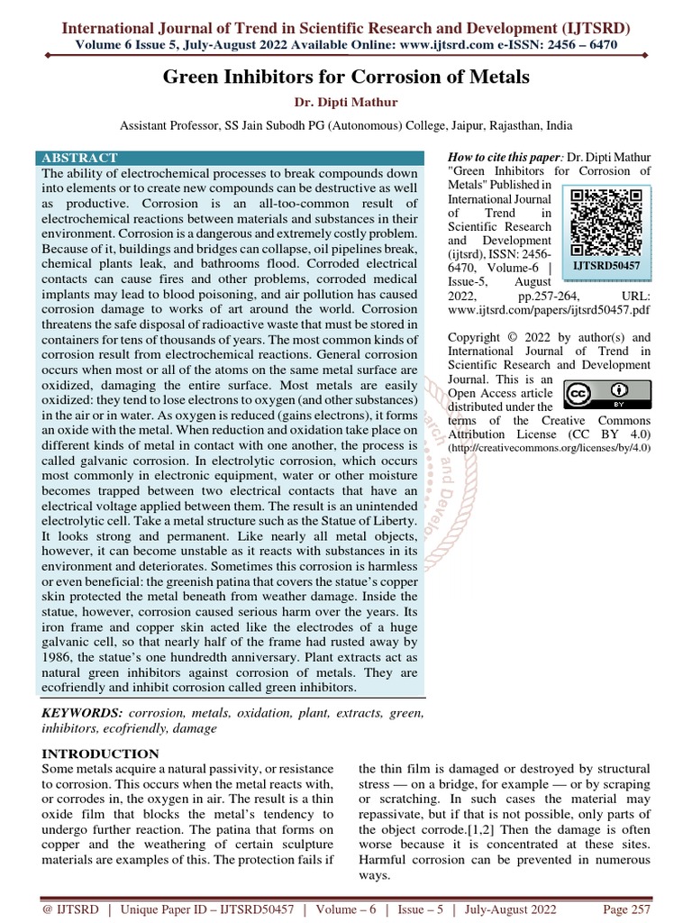 Green Inhibitors For Corrosion of Metals | PDF | Corrosion | Adsorption