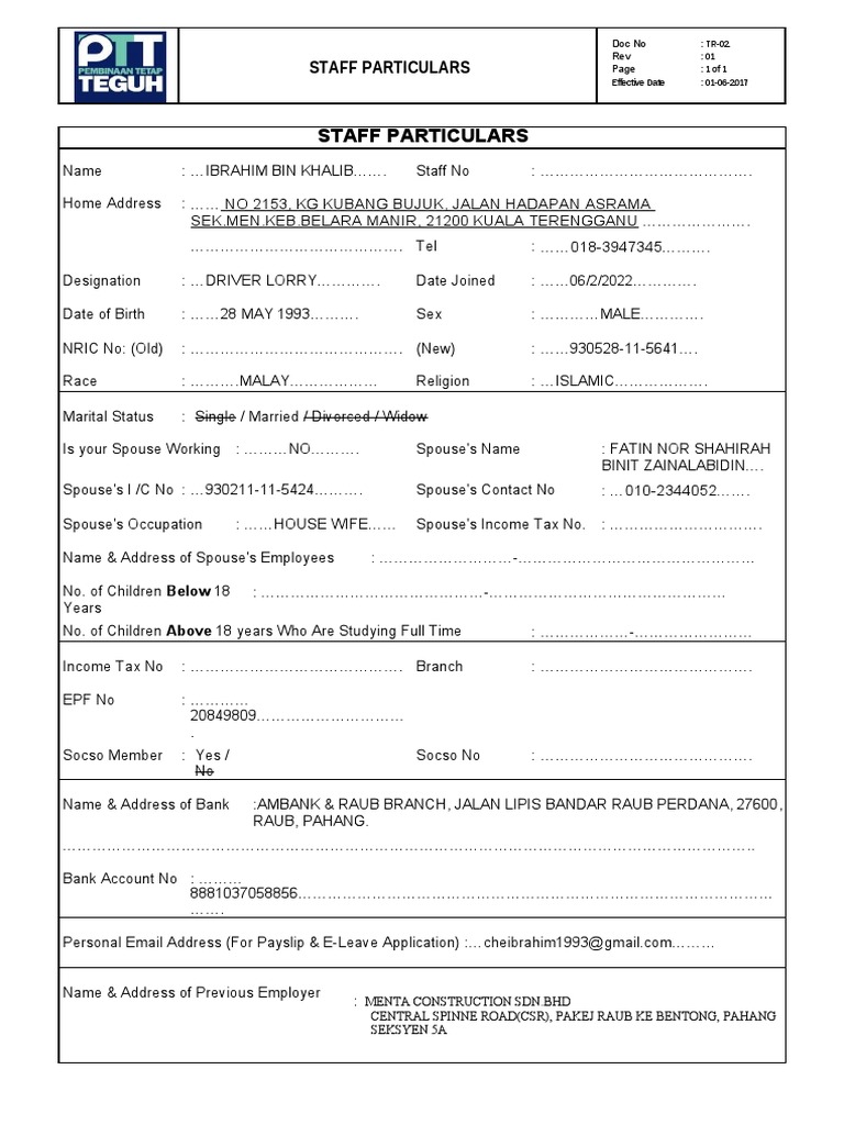 3. Form B - Staff Particulars (PTT)-converted (1) | PDF | Taxes