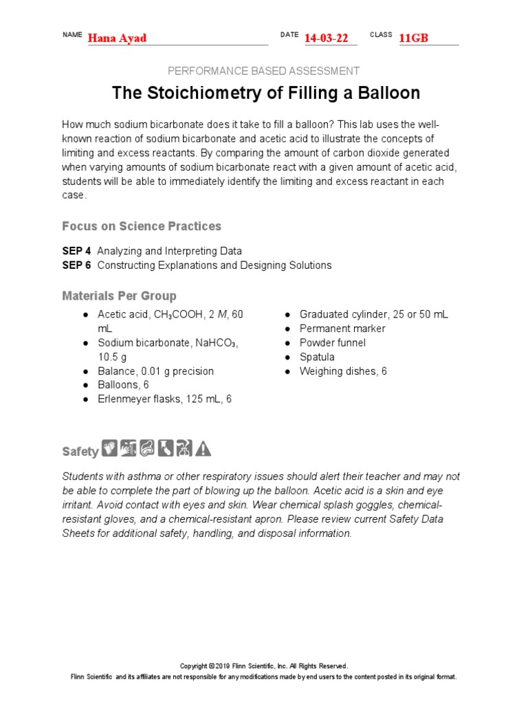 Lab2 - The Stoichiometry of Filling A Balloon | PDF | Sodium ...