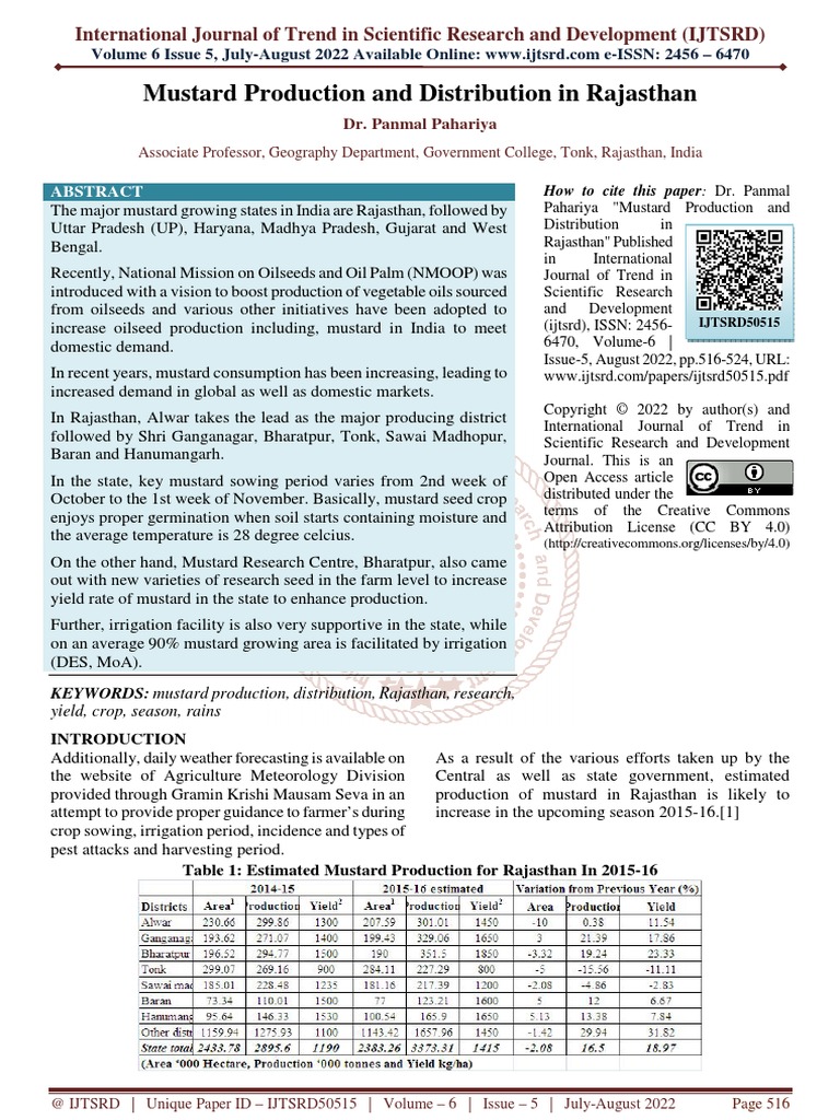 Mustard Production and Distribution in Rajasthan | PDF | Sowing | Agriculture
